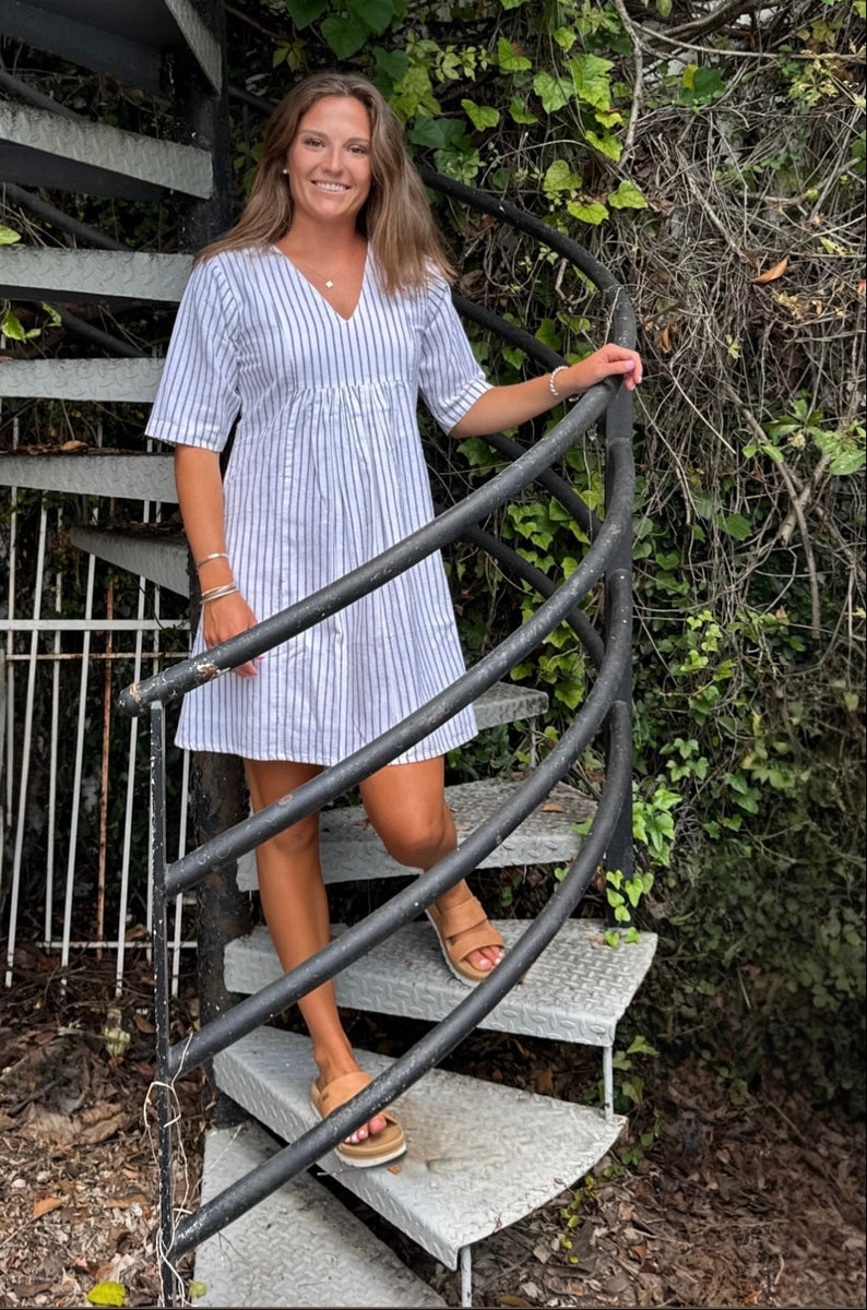 Morgan Mini Dress Denim Stripe Linen – Shop Madison Mathews